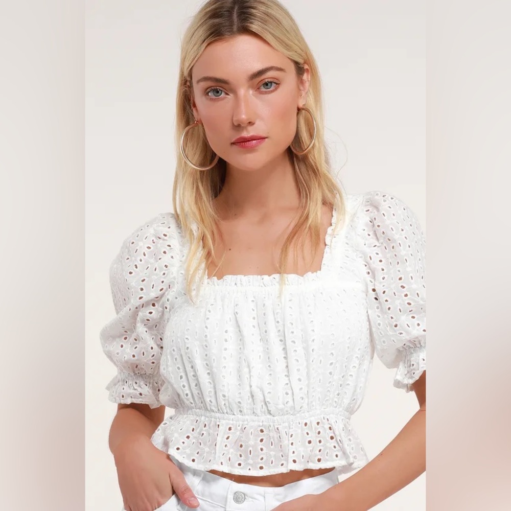 Lulus Aurora White Eyelet Lace Puff Sleeve Crop Top - Gem
